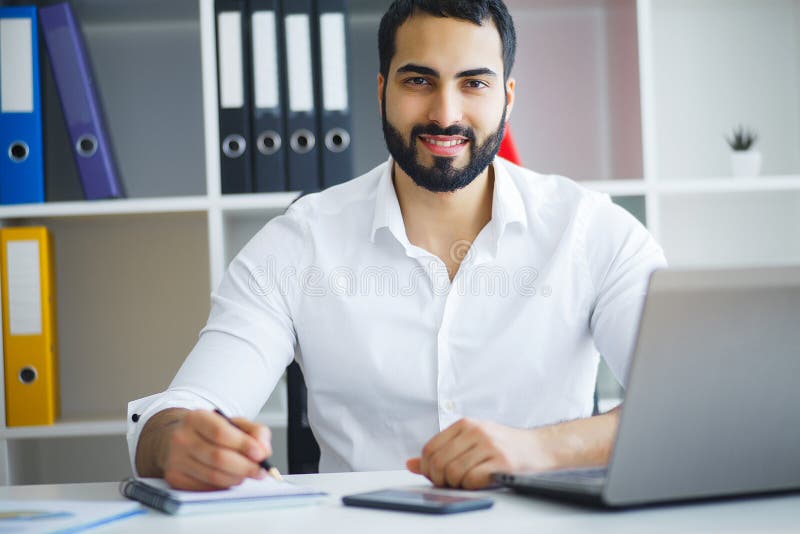 Man Working in Office in Front of Desktop Computer Stock Image - Image ...
