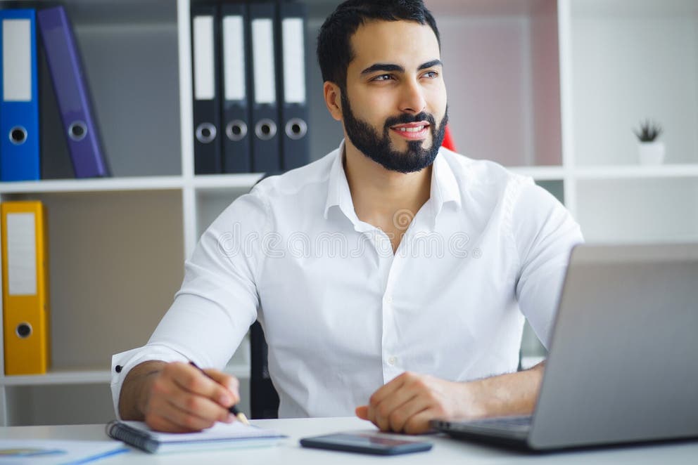 Man Working in Office in Front of Desktop Computer Stock Image - Image ...