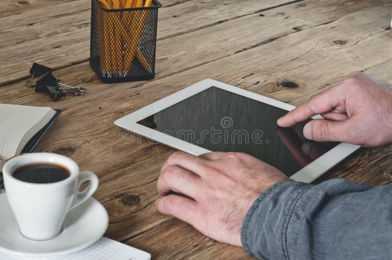 Man Working Using Tablet on the Beach Stock Image - Image of black ...