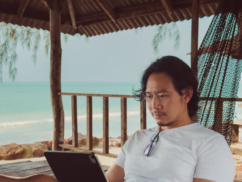 Man Working Online with Computer on the Hammock by the Beach Stock ...