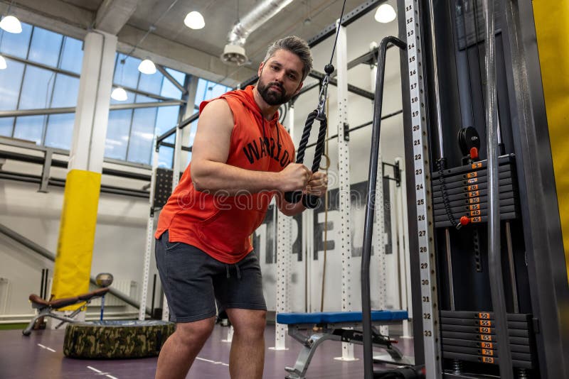 Man Working Out at Gym, Doing Cable Rope Pushdowns, Biceps and Triceps ...