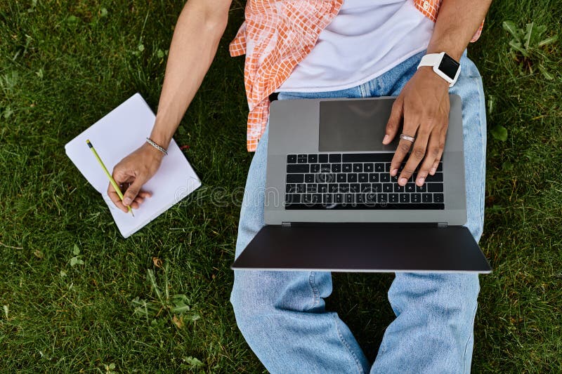Man Working Outdoors with Laptop and Stock Photo - Image of sitting ...
