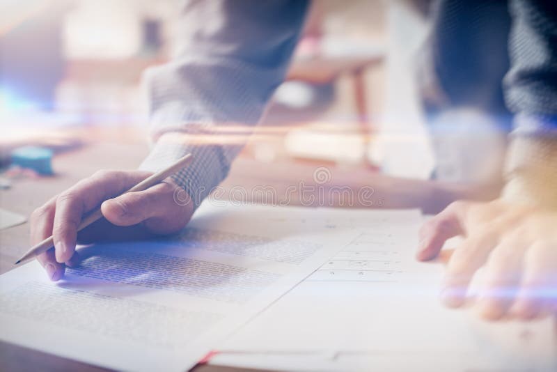 Man Working with Paper in Loft Office. Hands Code-up Stock Photo ...