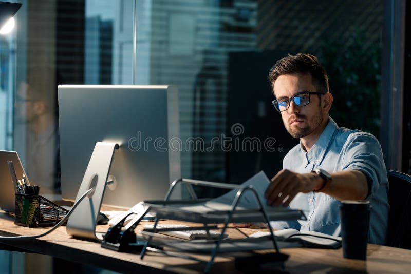 Fatigue Man Working Late in Office Stock Image - Image of computer ...