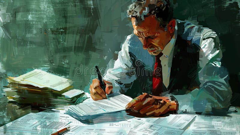 Man Working on Paperwork stock illustration. Illustration of desk ...