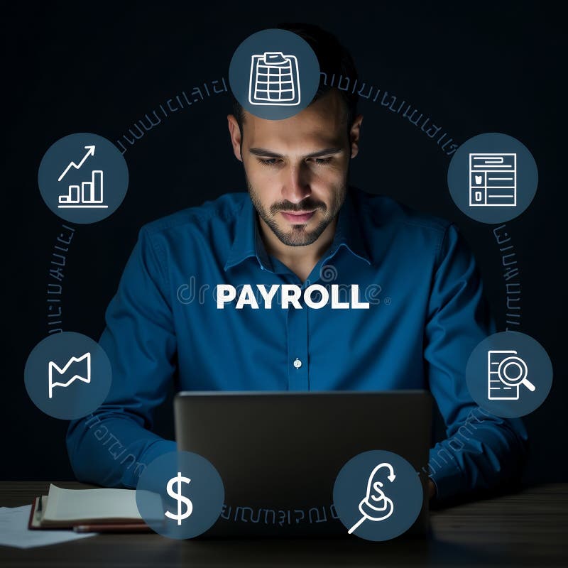 Man Working on Payroll with Laptop Surrounded by Financial Icons and ...