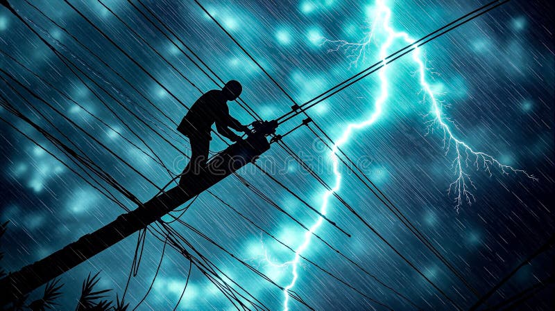 A Man is Working on a Power Line in the Rain Stock Image - Image of ...