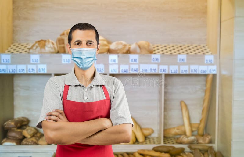 Man Working with Red Apron at a Bakery Stock Image - Image of object ...