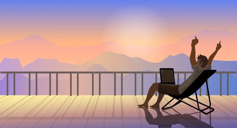 A Man Working and Relaxation on Vacation on the Mountain View. Holiday ...