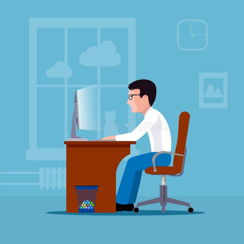 Man Working Remotely at Home at the Computer Vector Illustration Stock ...