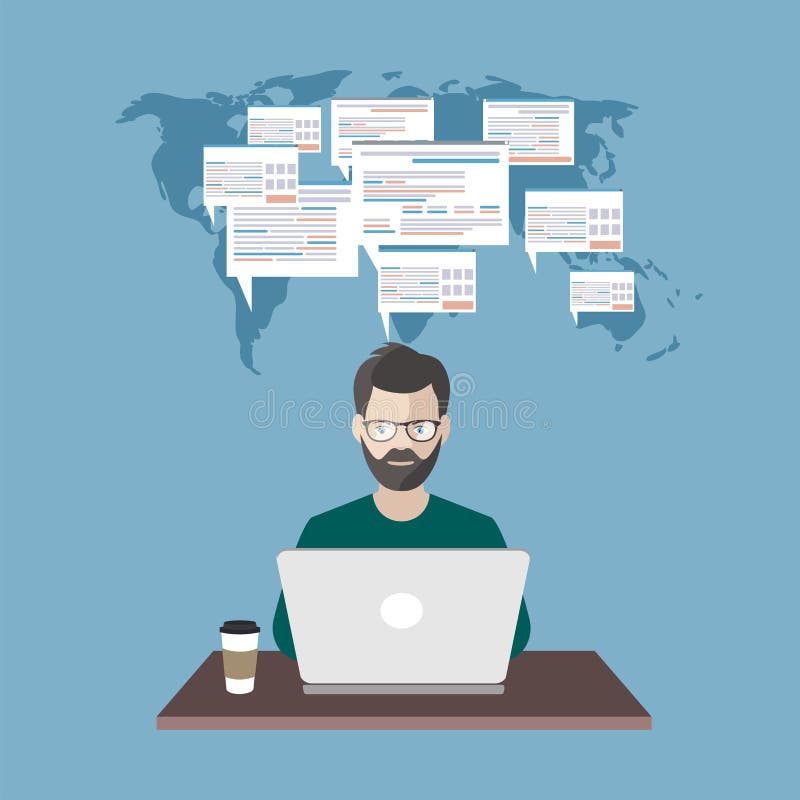 Man Working Remotely at Home at the Computer Vector Illustration Stock ...