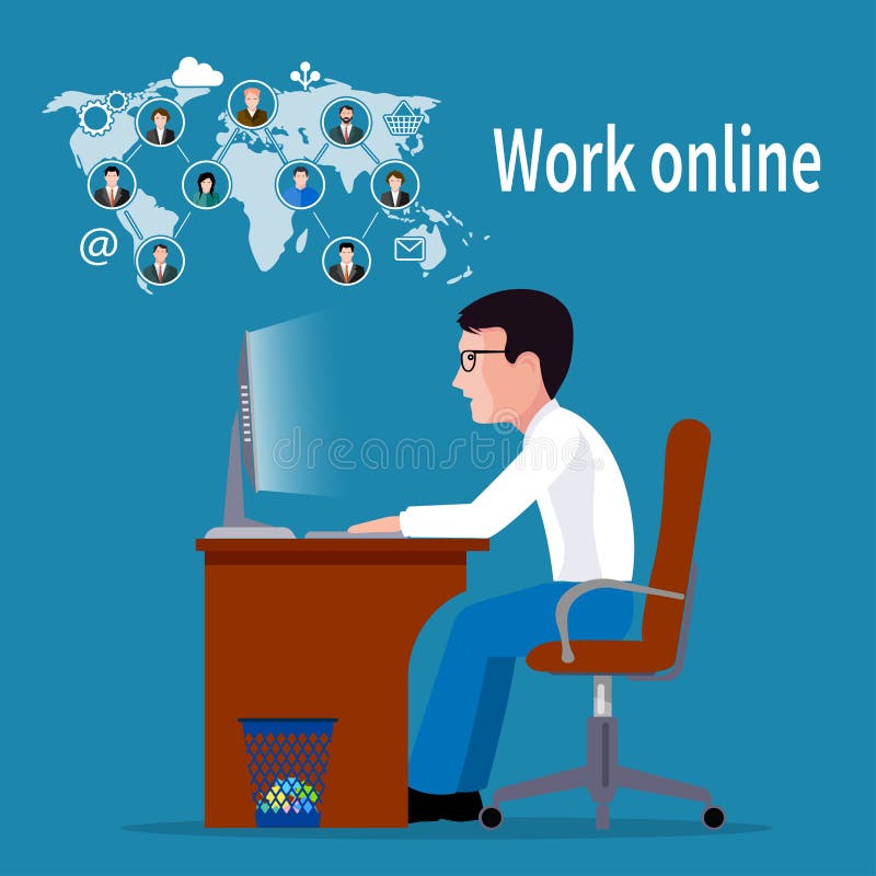Man Working Remotely at Home at the Computer Vector Illustration Stock ...