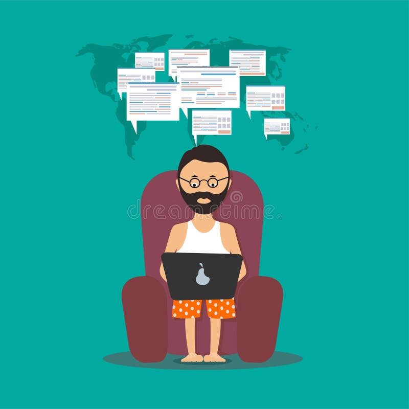 Man Working Remotely at Home at the Computer Vector Illustration Stock ...