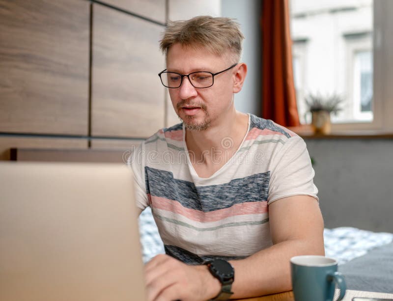Man Working Remotely on Laptop Stock Image - Image of work, internet ...