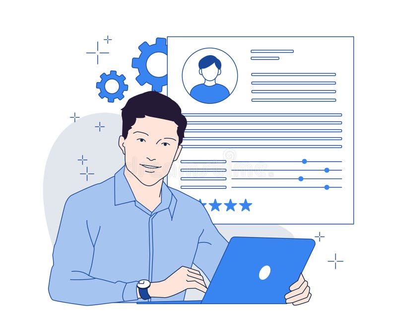 Man Working on Resume with Laptop Screen. Vector Illustration Stock ...
