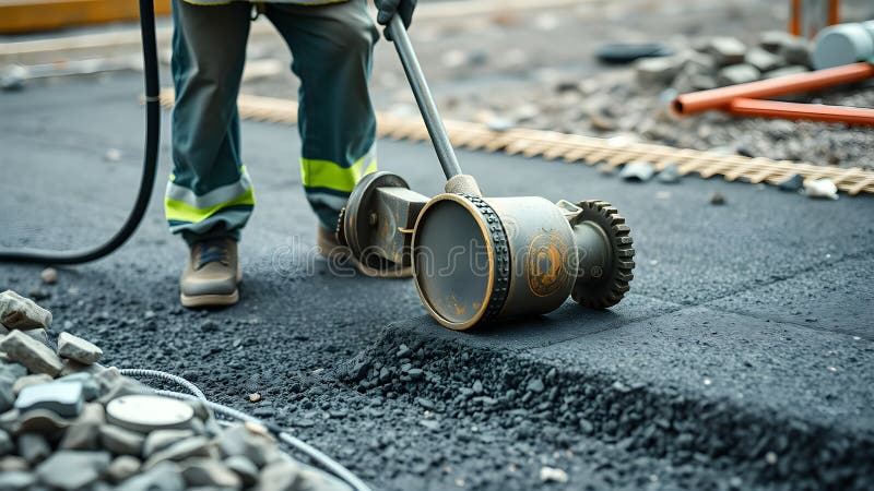 A Man is Working on a Road, Using a Tool To Fix a Pothole Stock ...