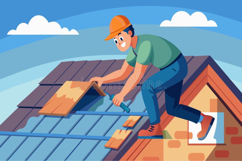 A Man is Working on a Roof, Fixing a Leak Stock Vector - Illustration ...