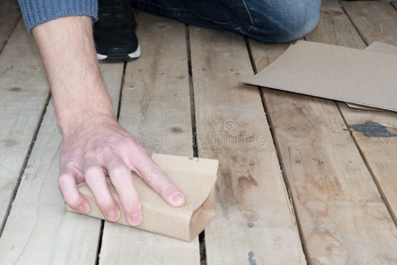 Carpenter Working with Sand Paper Stock Photo - Image of flooring ...