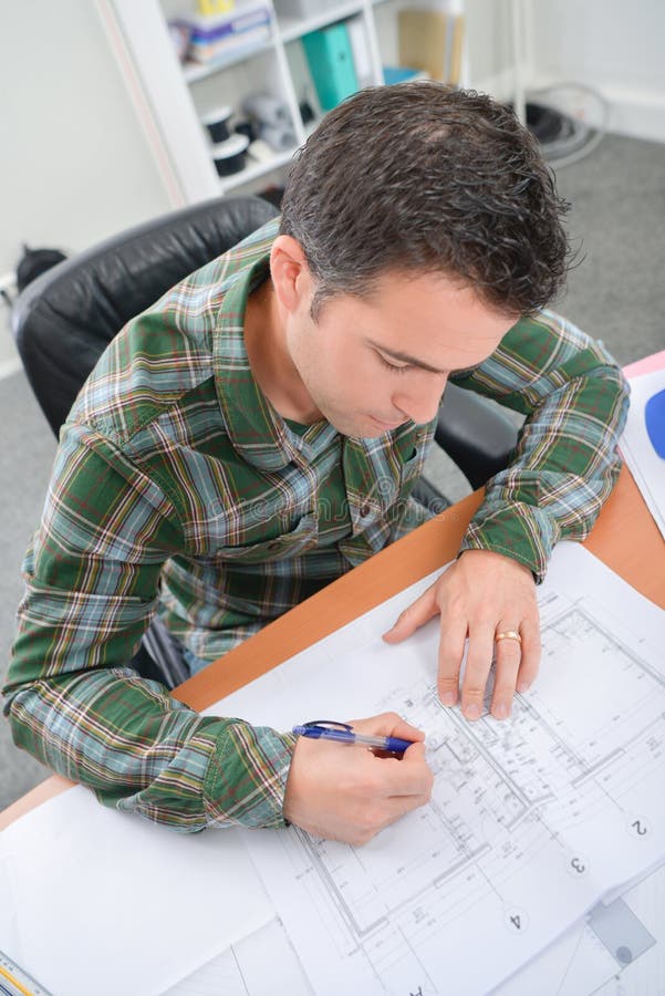 Man Working on Scale Drawings Stock Image - Image of handsome ...