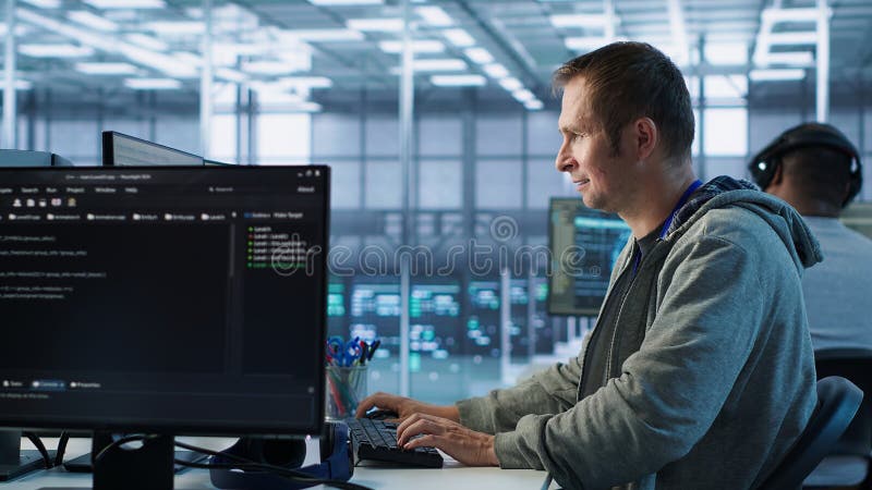 Man Working in Server Hub Capable of Processing Vast Amounts of Data Stock Photo - Image of ...