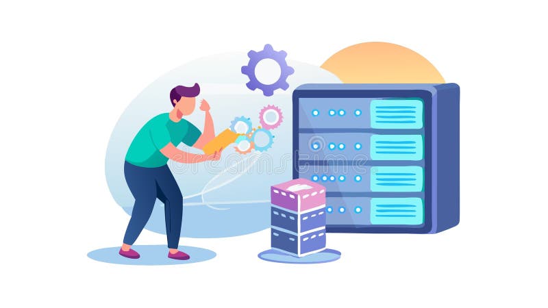 Man Working with Server Racks, Data Center and it Support, Vector ...