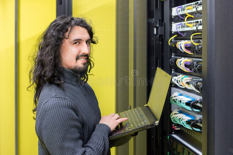Man Working with Servers in Data Center Stock Image - Image of ...