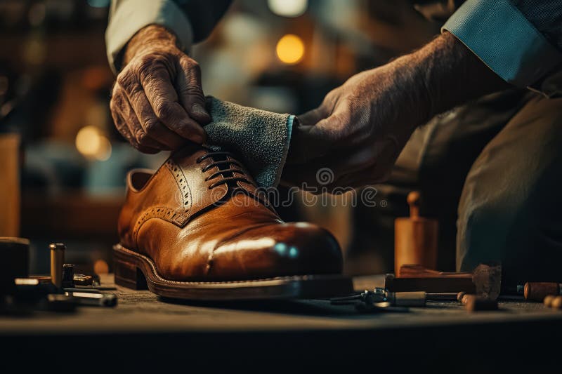 Man is Working on a Shoe, Adjusting the Strap. Stock Image - Image of ...