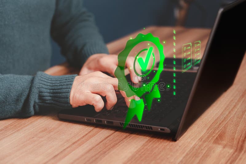 Man Working with Sign of the Top Service Quality Assurance on Virtual ...