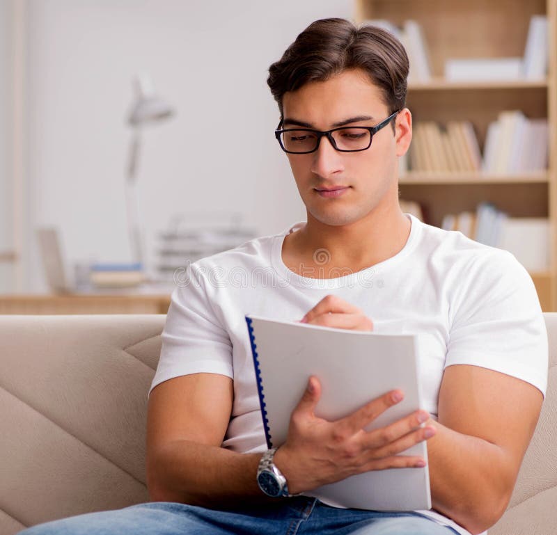 Man Working Sitting in Couch Sofa Stock Image - Image of person ...