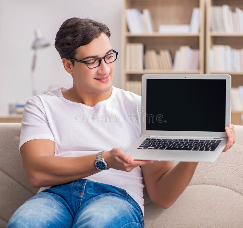 Man Working Sitting in Couch Sofa Stock Photo - Image of mobile, home ...