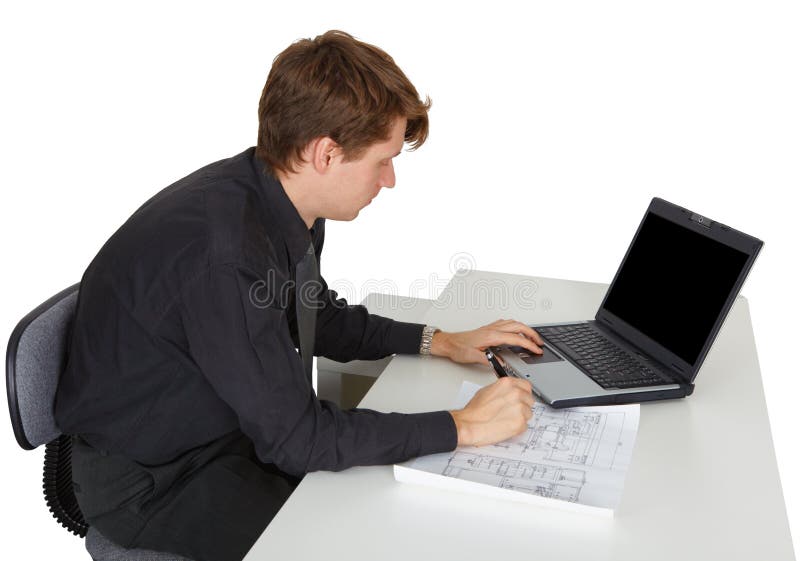 Man is Working while Sitting at Desk Stock Photo - Image of shirt ...