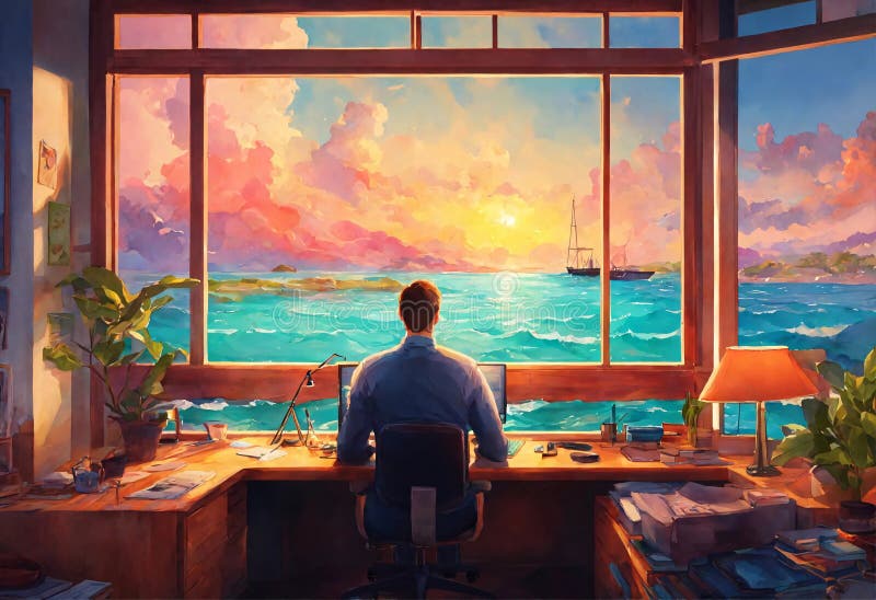 Man Working while Sitting at a Table in the Office with Window ...