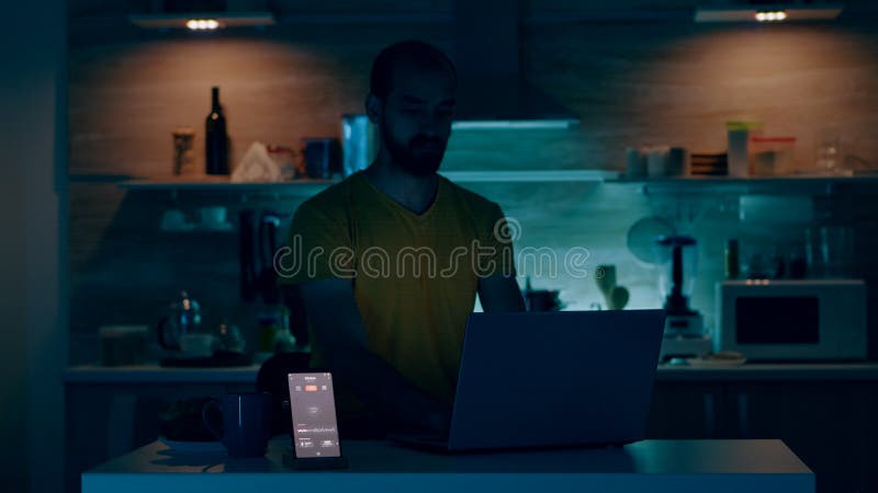 Man Working from Smart House with Automation Lighting System Stock ...
