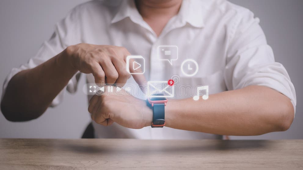 Man Working with Smart Watch in Office. New Message Received ...