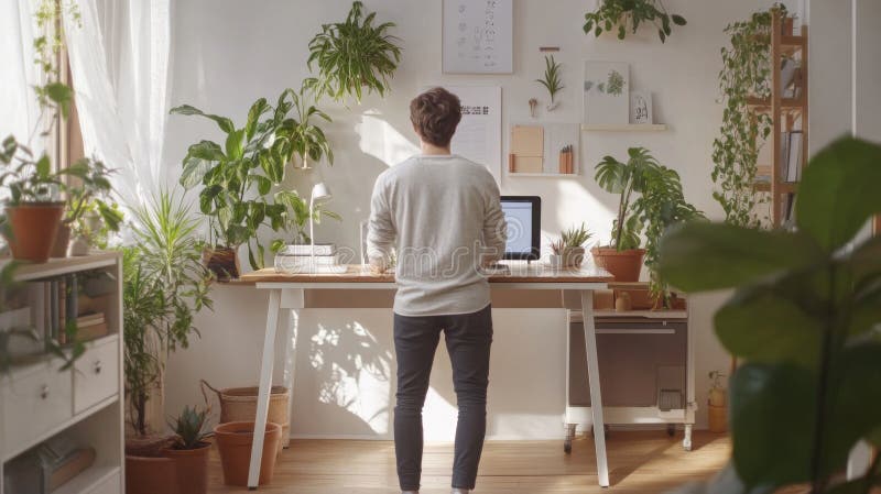 Man Working at a Standing Desk in a Home Office Surrounded by Plants ...