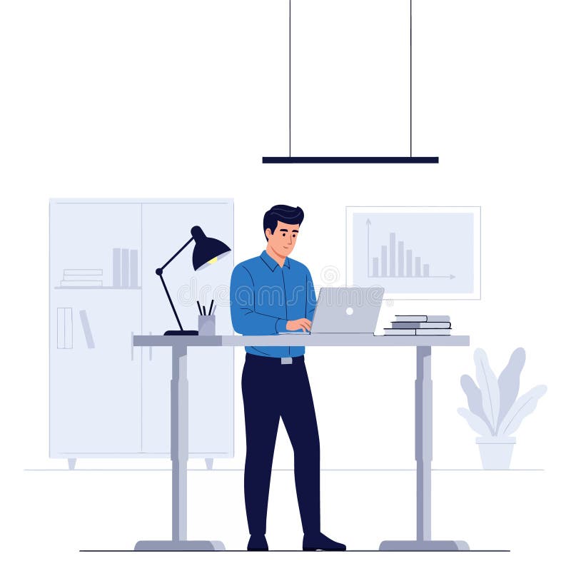 Man Working at Standing Desk - Modern Office Productivity Stock Vector ...