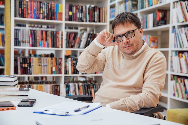 Man Working Studying at Desk with Laptop in University Library Stock ...