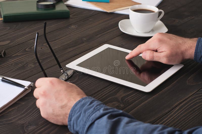 Man Working with a Tablet Computer for the Office Desk Stock Image ...