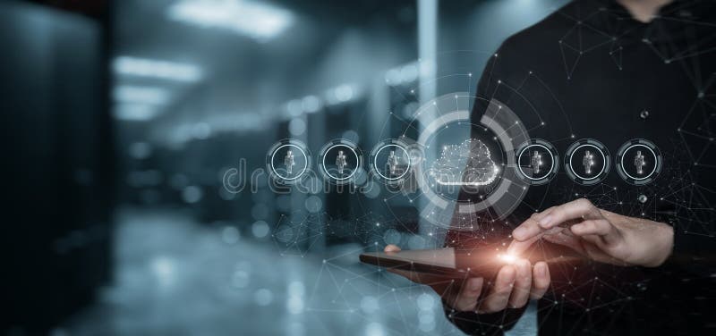 Man Working on Tablet with Data Computing Cloud Stock Image - Image of ...