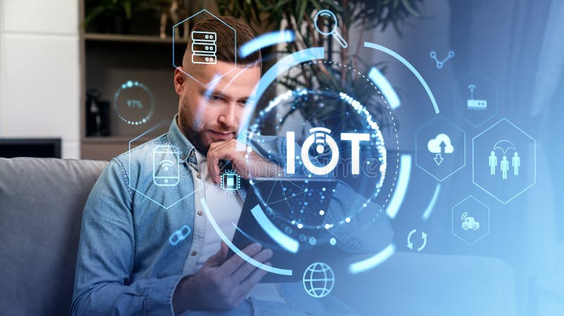 Man Working in Tablet, Internet of Things Icons and Digital Network ...