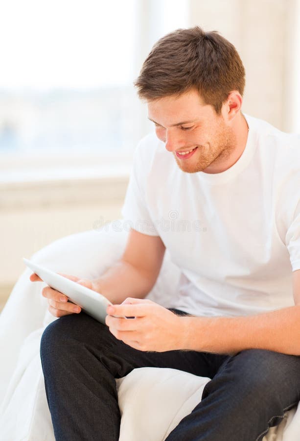 Man Working with Tablet Pc at Home Stock Image - Image of networking ...
