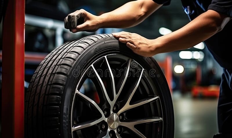 Man Changing a Tire in a Garage Stock Photo - Image of tools, garage ...