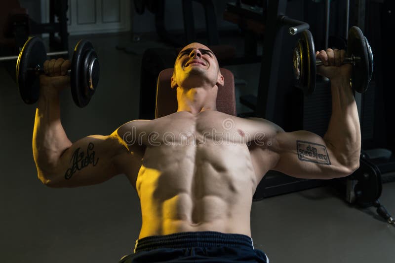 Man Working Triceps and Chest with Dumbbells Stock Photo - Image of ...