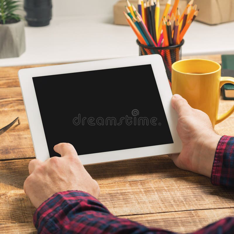 Man Working Using Tablet Computer Sitting in His Home Office Stock ...