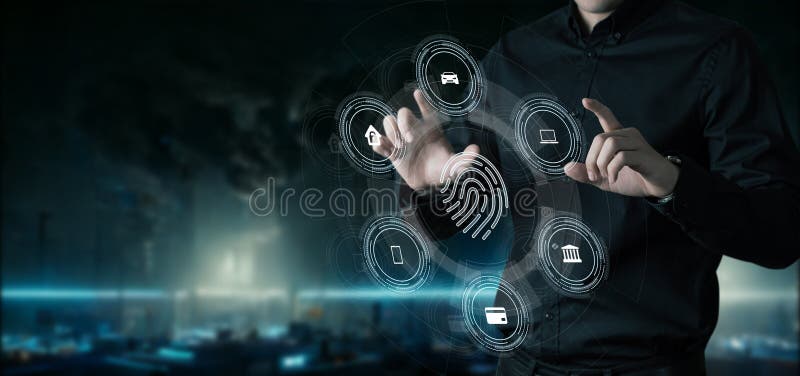 Man Working with Fingerprint Scanning Interface Stock Photo - Image of ...