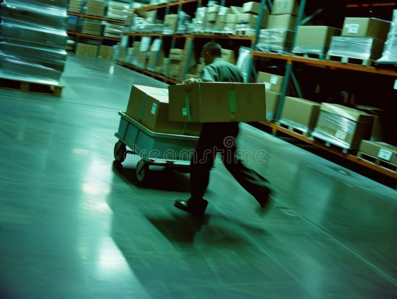 Man Working in Warehouse Moving Boxes on Cart Stock Image - Image of ...