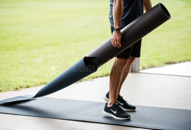 Man with Workout Mat Man Rolling Out a Workout Mat Stock Image - Image ...