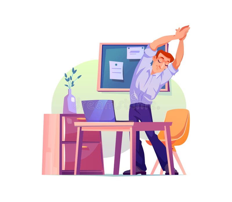 Man at Workplace Standing and Stretching Character Stock Vector ...