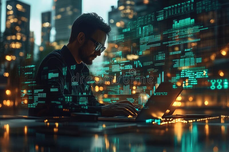 Cybersecurity Specialist Working Late at Night on Laptop Stock ...