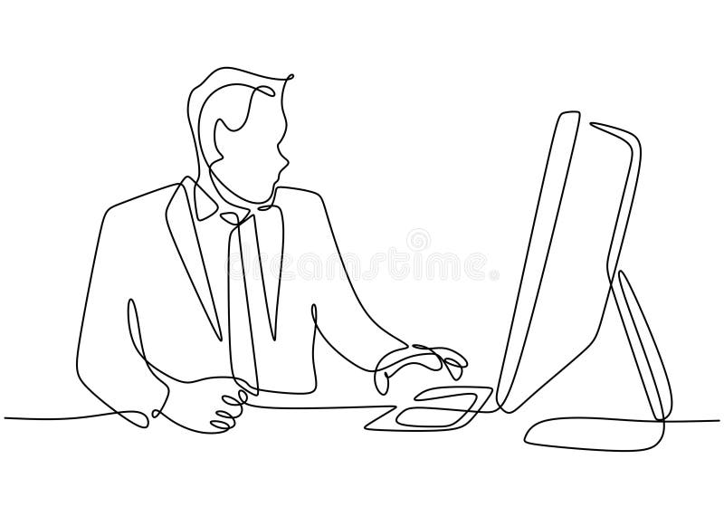 Man Works with Computer Continuous Line Drawing. Business and ...